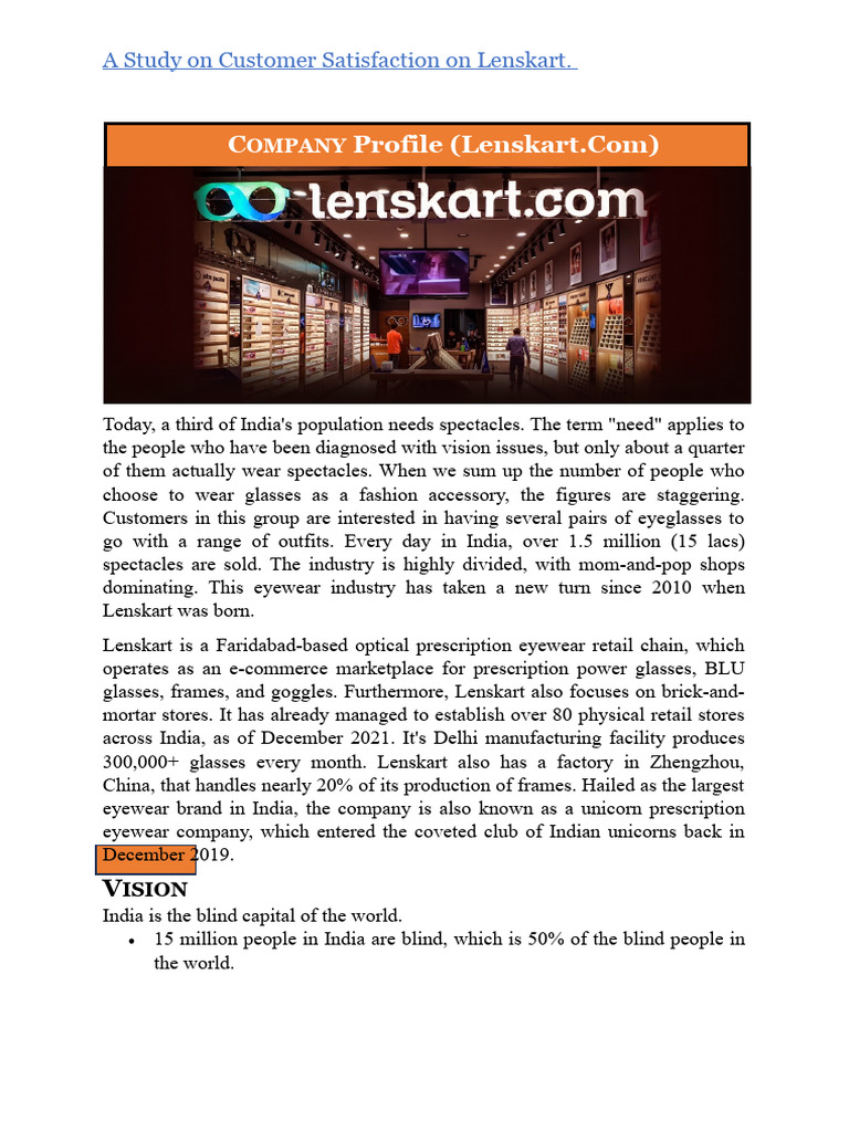 A Study On Customer Satisfaction On Lenskart.: Ompany | PDF | Glasses ...