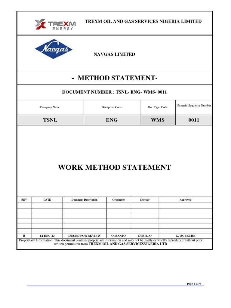 TSNL-ENG - WMS - 0011 - WORK METHOD STATEMENT - rv1 | PDF ...