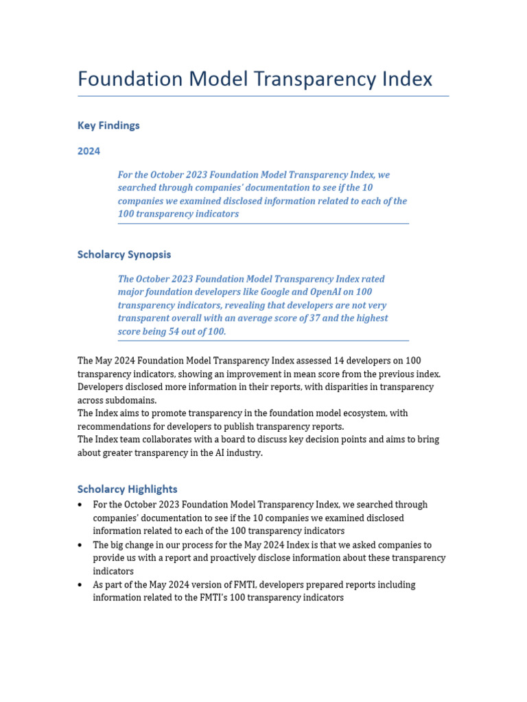 Foundation Model Transparency Index | PDF | Transparency (Behavior ...