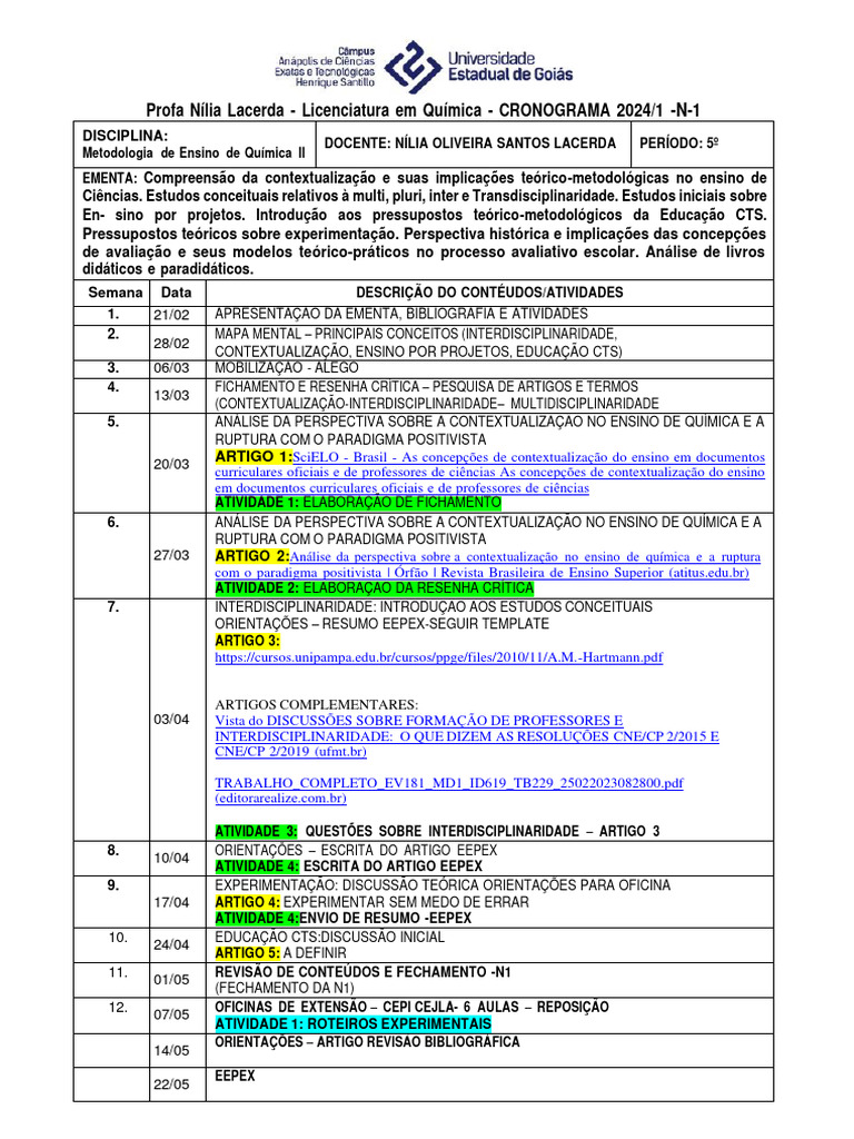 Cronograma - Met. 2 - N-1-2024-1 | PDF | Interdisciplinaridade ...