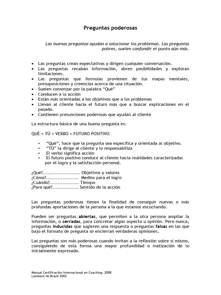 Preguntas Poderosas en Coaching | PDF | Ciencia cognitiva | Cognición
