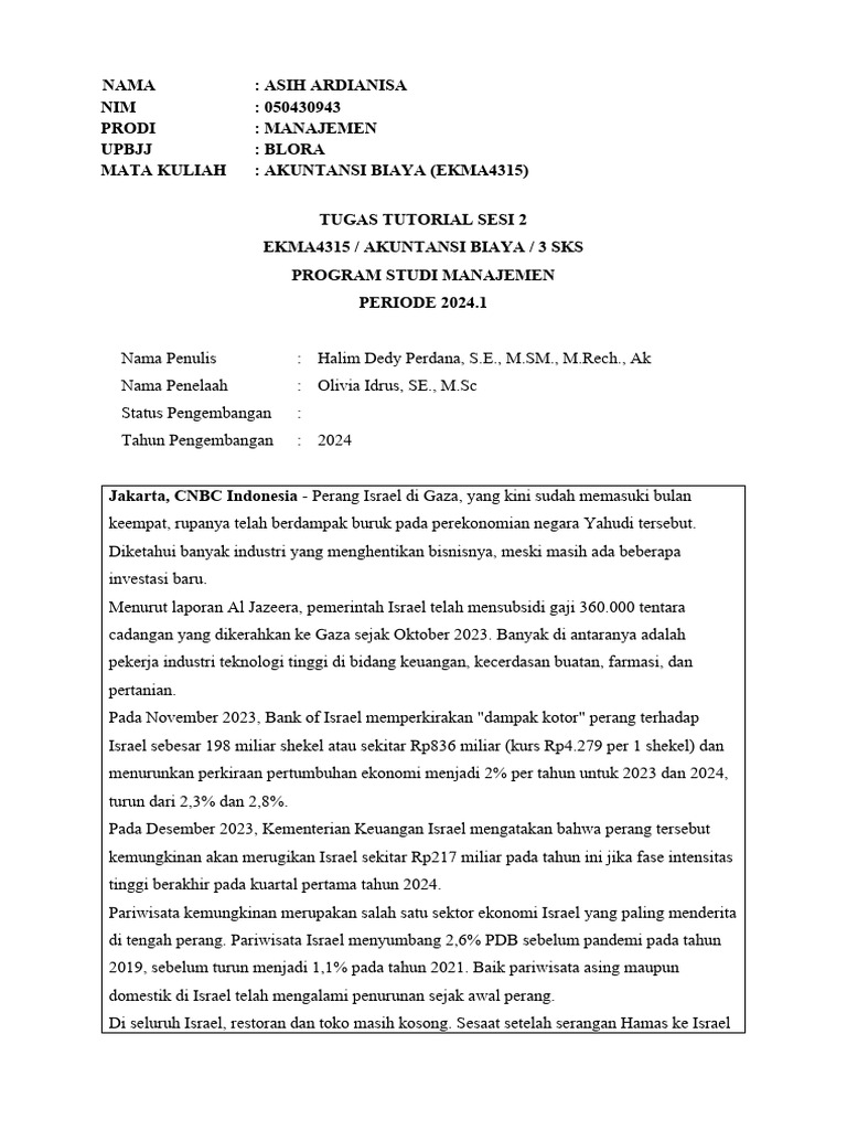 Asih Ardianisa 050430943 Tugas 2 Akuntansi Biaya EKMA4315 | PDF
