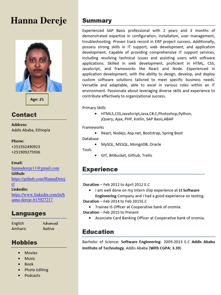 Hanna Dereje CV | PDF | Web Development | Java Script