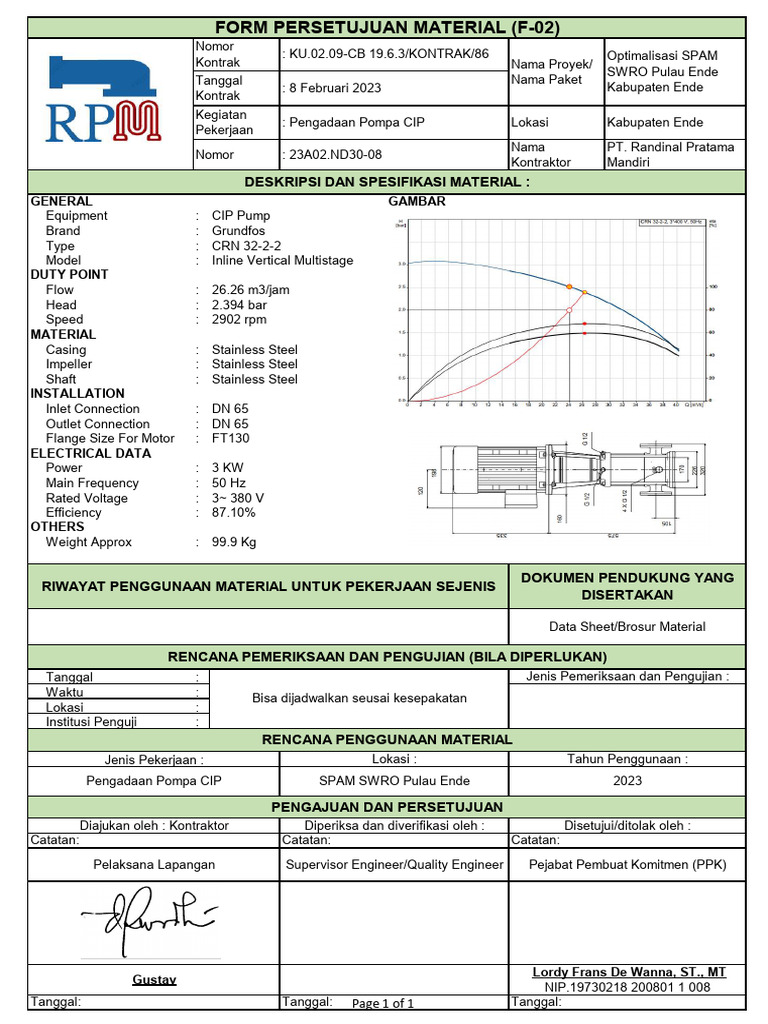 Material Approval Form for CIP Pump | PDF | Pump | Electric Motor