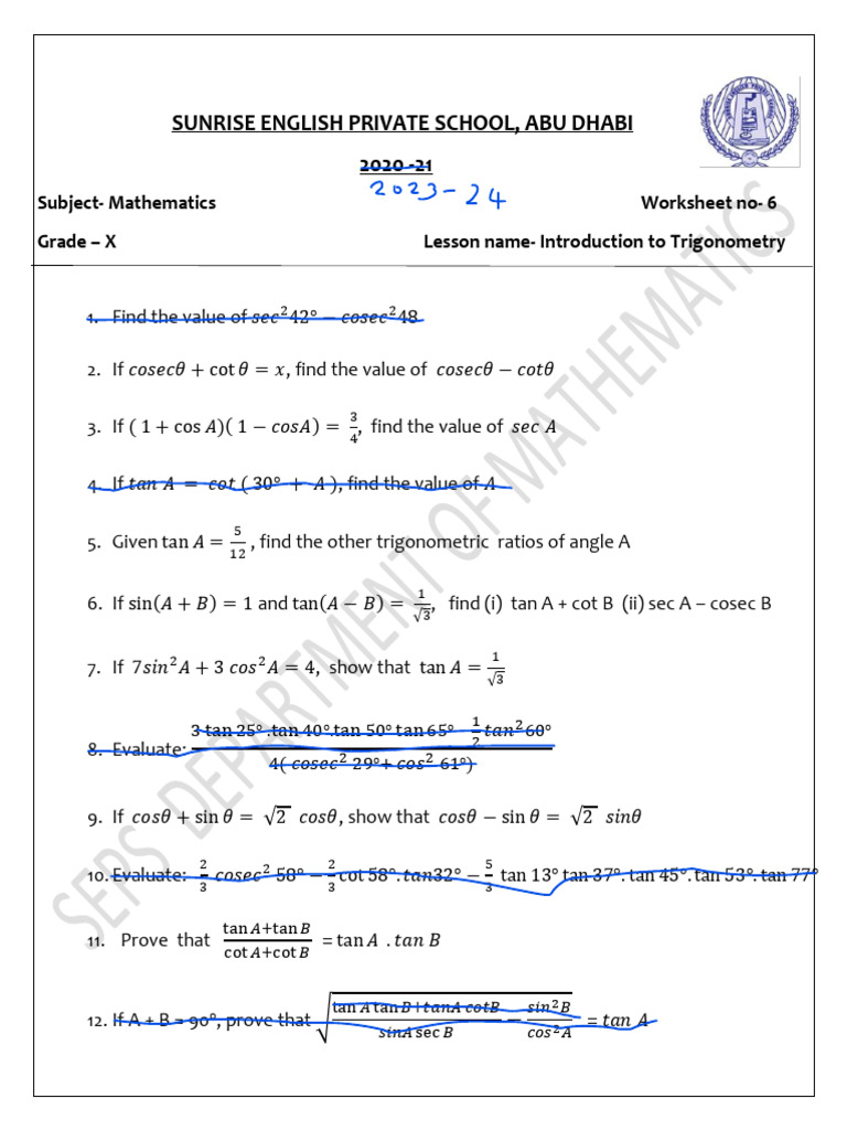 Trigonometry Worksheet for Grade X | PDF | Trigonometry | Trigonometric ...