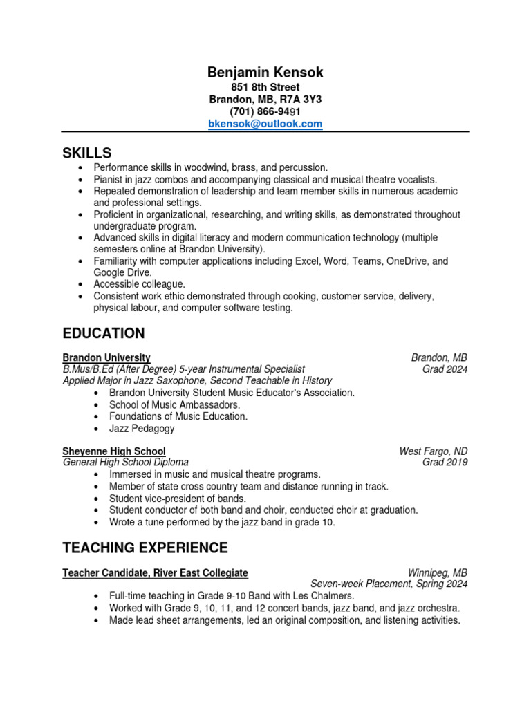 ben kensok resume apr 2024 | PDF | Music Education | Saxophone