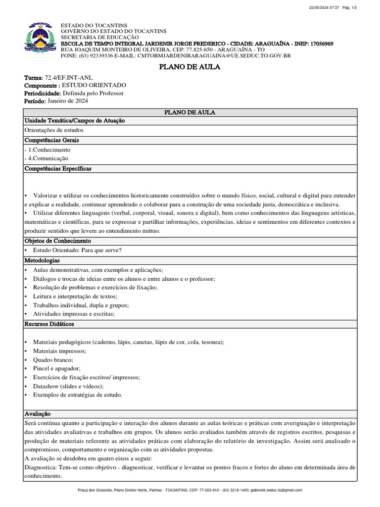 Plano de Aula - 72.4 - Ef - Int-Anl | PDF | Pedagogia