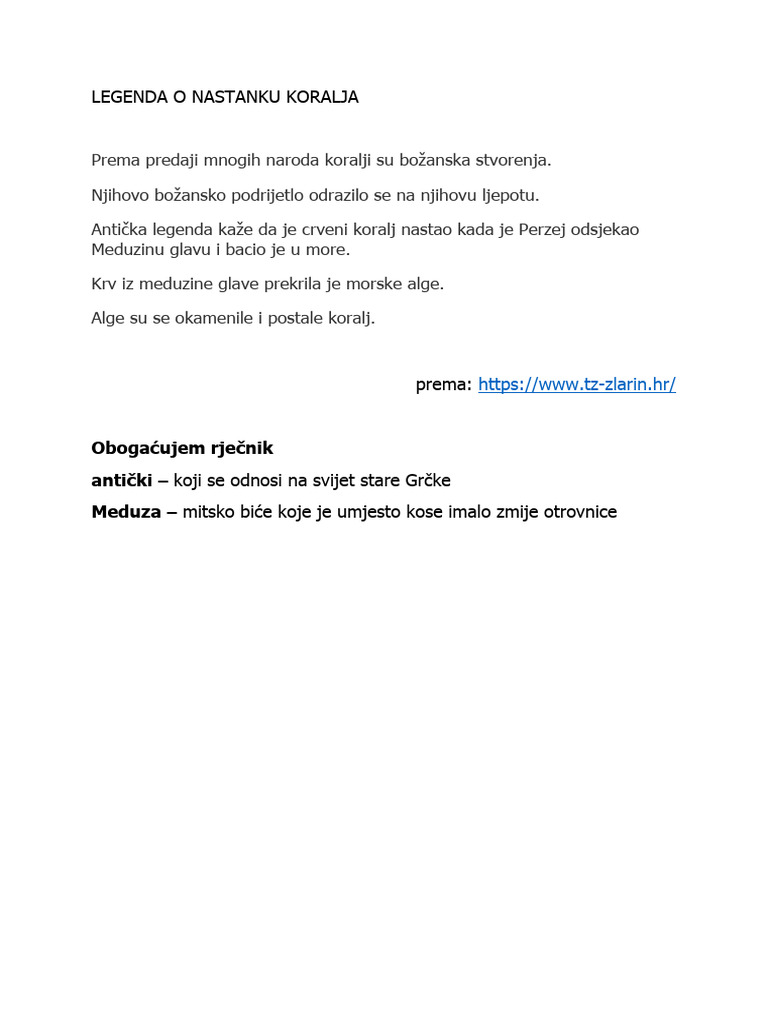 Legenda o Nastanku Koralja | PDF