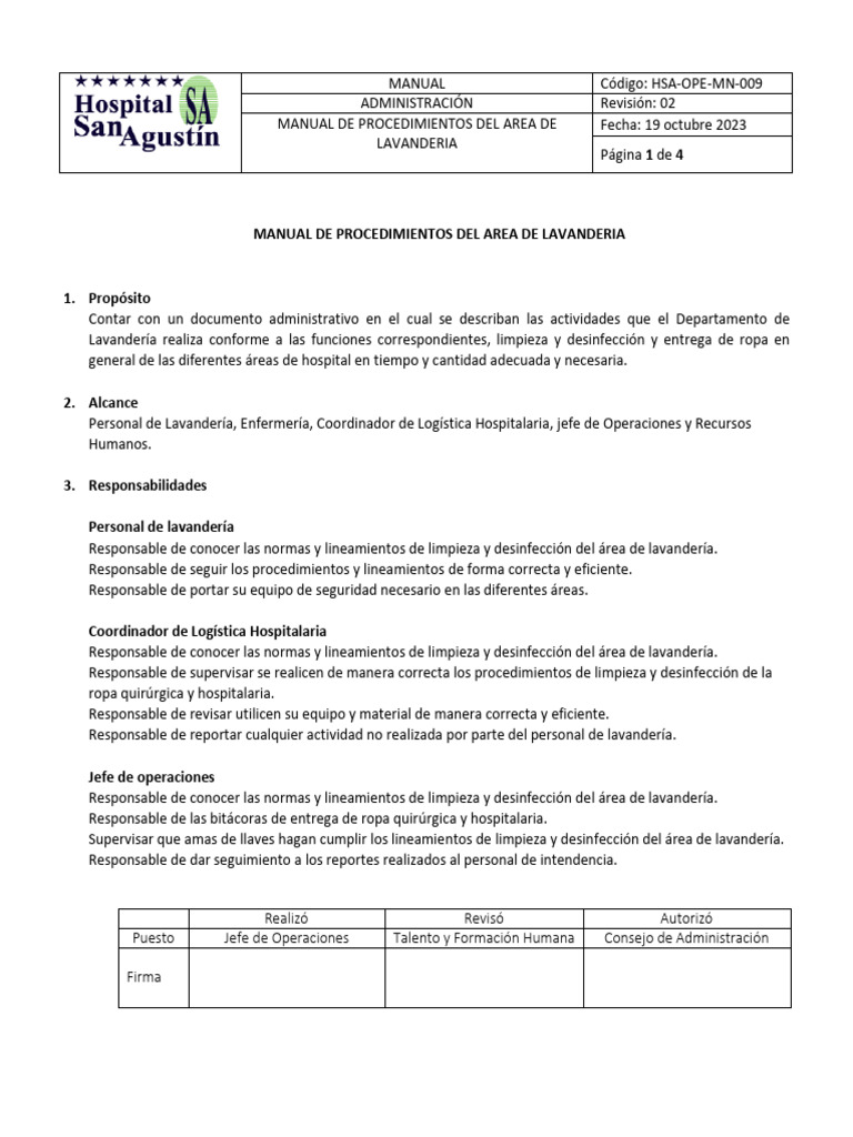Hsa-Ope-Mn-009 Manual de Lavanderia | PDF | Lavandería | Secadora de ropa
