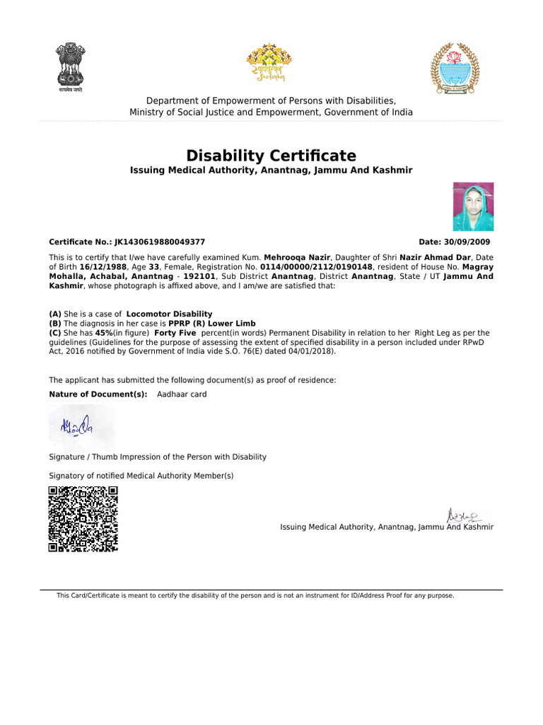Disability Certificate | PDF