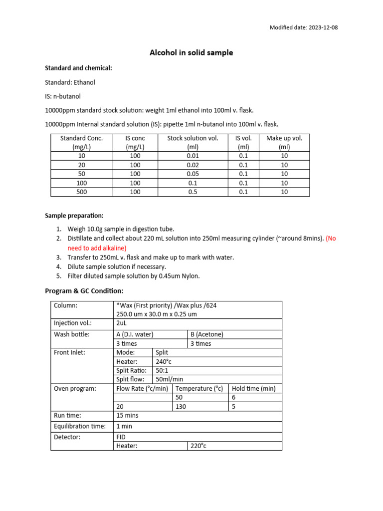 Assay of Alcohol in Solid Sample - 2023 | PDF | Ethanol | Analytical ...