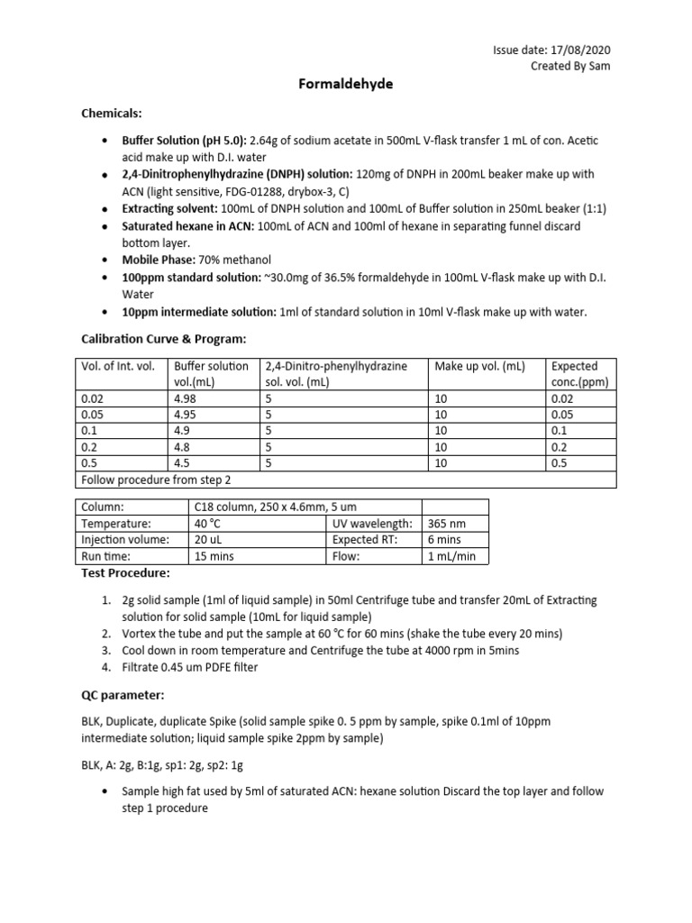 Formaldehyde Analysis Protocol | PDF | Water | Chemistry