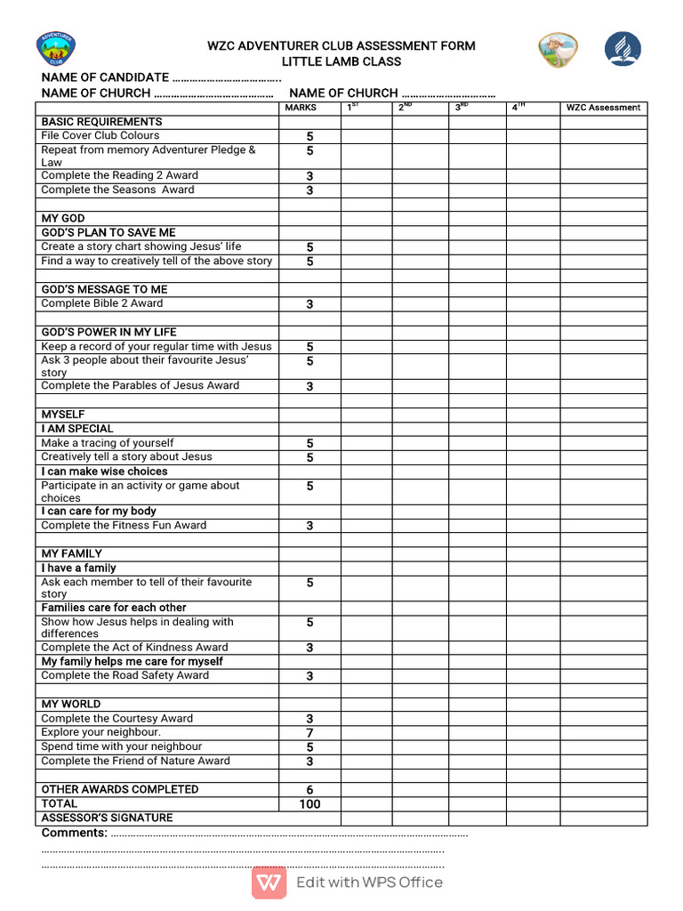 Adventurer Club Assessment Form Little Lamb Edited | PDF