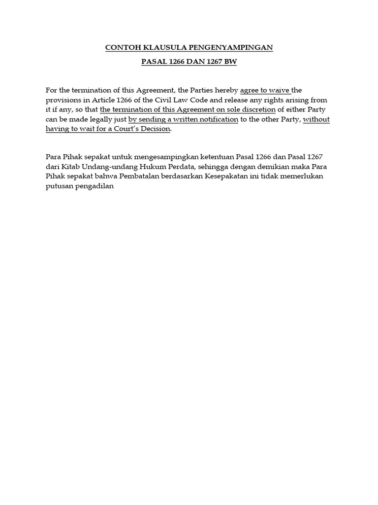 Contoh Klasula Pengenyampingan Ps 1266 BW Utk Wordpress | PDF