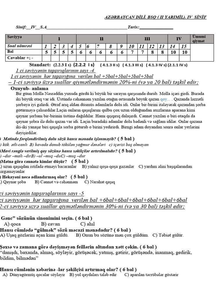 Azərbaycan Dili IV SİNİF BSQ-2 2024 | PDF