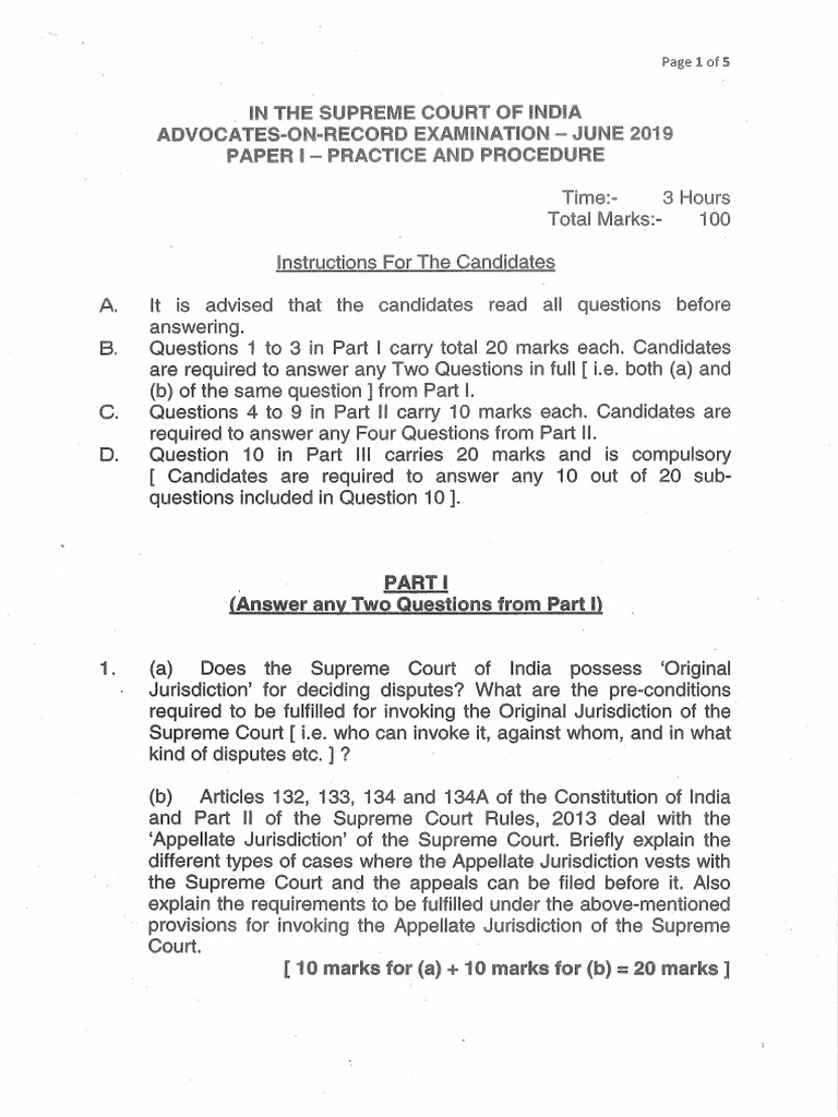 AOR Exam Question Paper 2019 | PDF | Arbitration | Supreme Court Of The ...