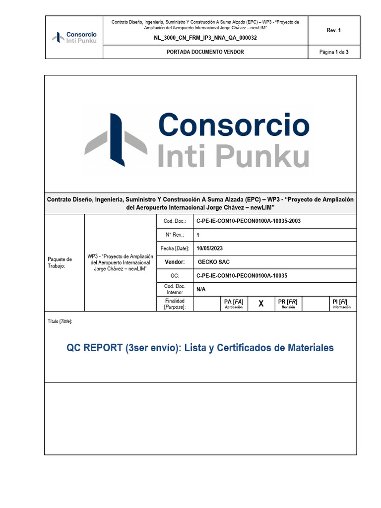 NL - 3000 - CN - FRM - IP3 - NNA - QA - 000032 Rev 1 FORMATO PORTADA ...