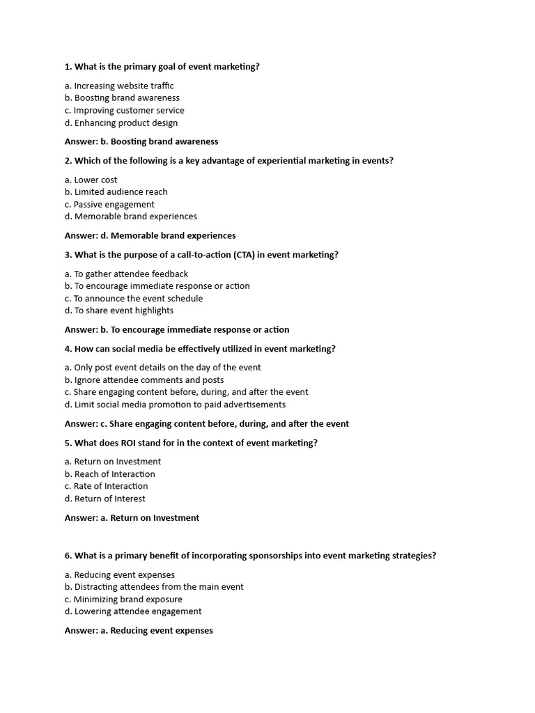 10 MCQ Questions On Event Marketing | PDF | Marketing | Popular Culture ...