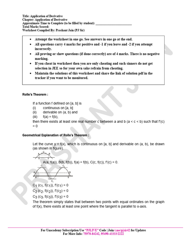 Worksheet - 6 Rolle - S Theorem, LMVT | PDF | Zero Of A Function ...