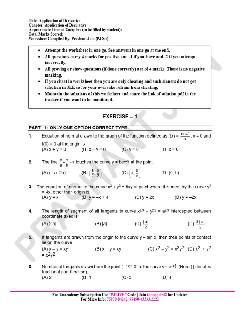 Worksheet - 7 Application of Derivative | PDF | Tangent | Function ...