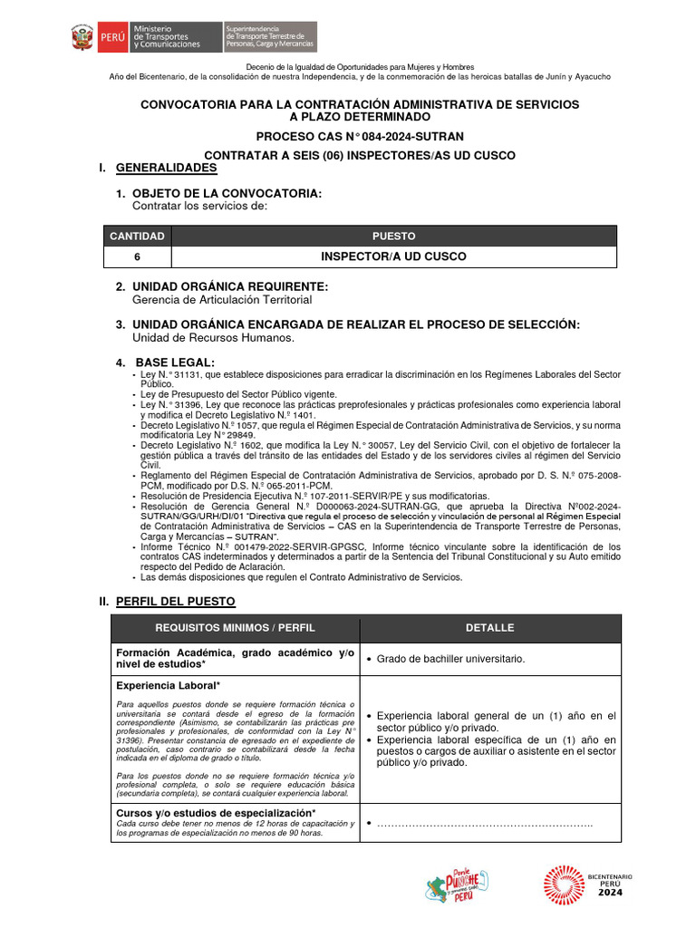 Cas 084-2024 - Bases - Inspector Ud Cusco - Gat. | PDF | Educación más alta | Titulo academico