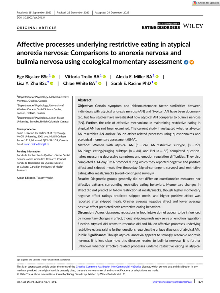 Intl J Eating Disorders - 2024 - Biçaker - Affective Processes ...