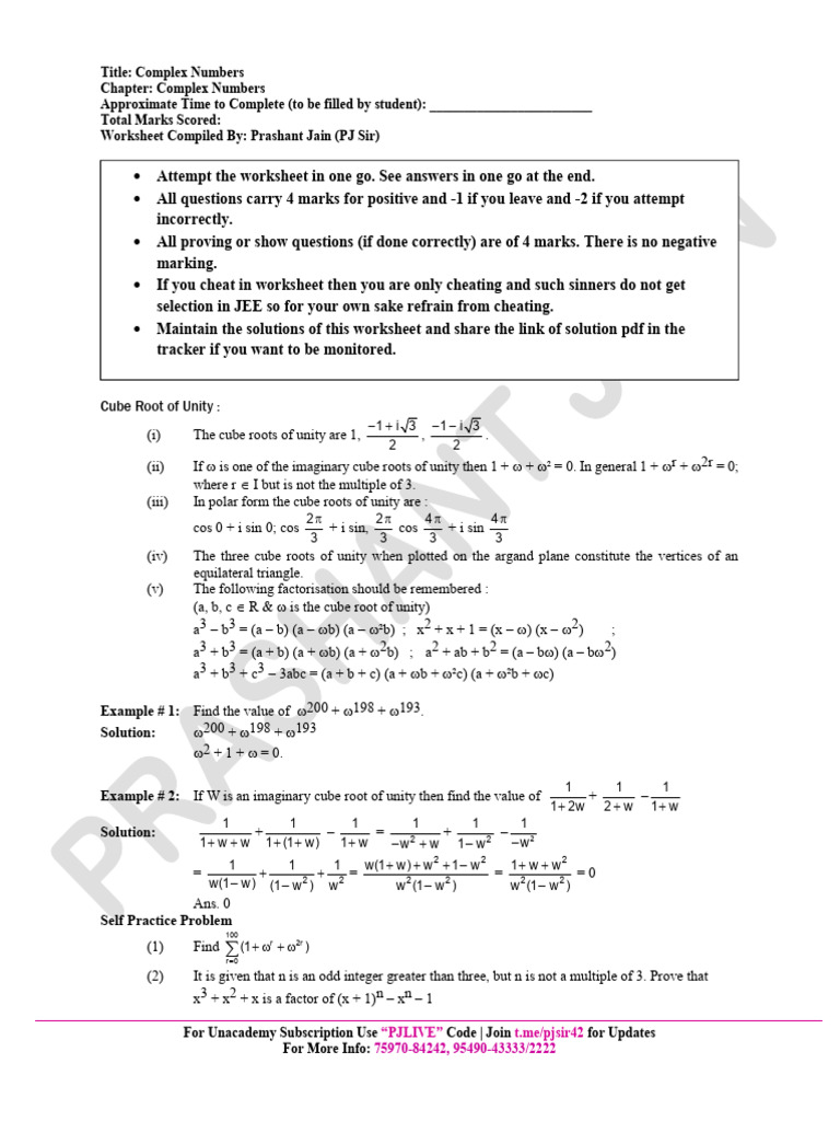 Worksheet - 4 Cube Root & NTH Root of Unity, Section Formula | PDF ...