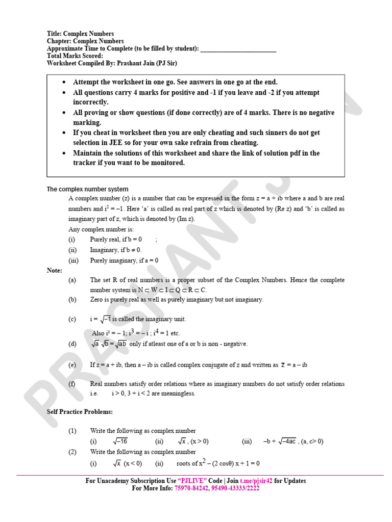 Worksheet - 1 Algebraic Operations, Representation & Demoivre - S ...