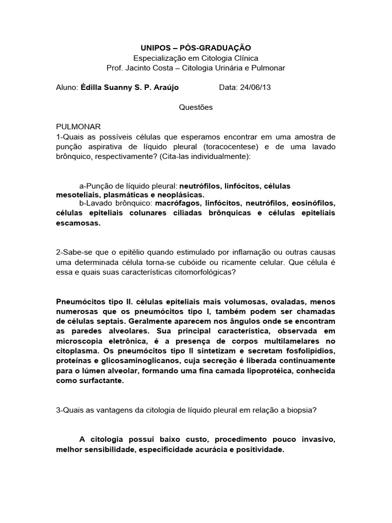 avaliacaoUNIPOS - Urina e Pulmonar | PDF | Epitélio | Micção