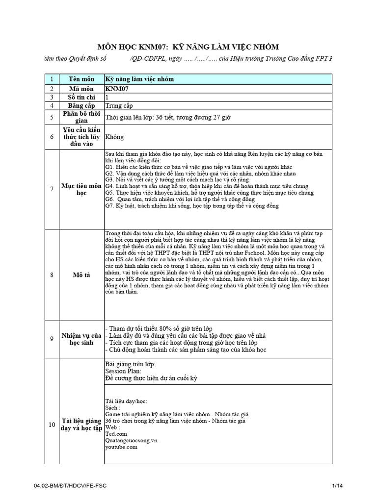 KNM07-KN Lam Vi C Nhom-Syllabus-SU22 | PDF