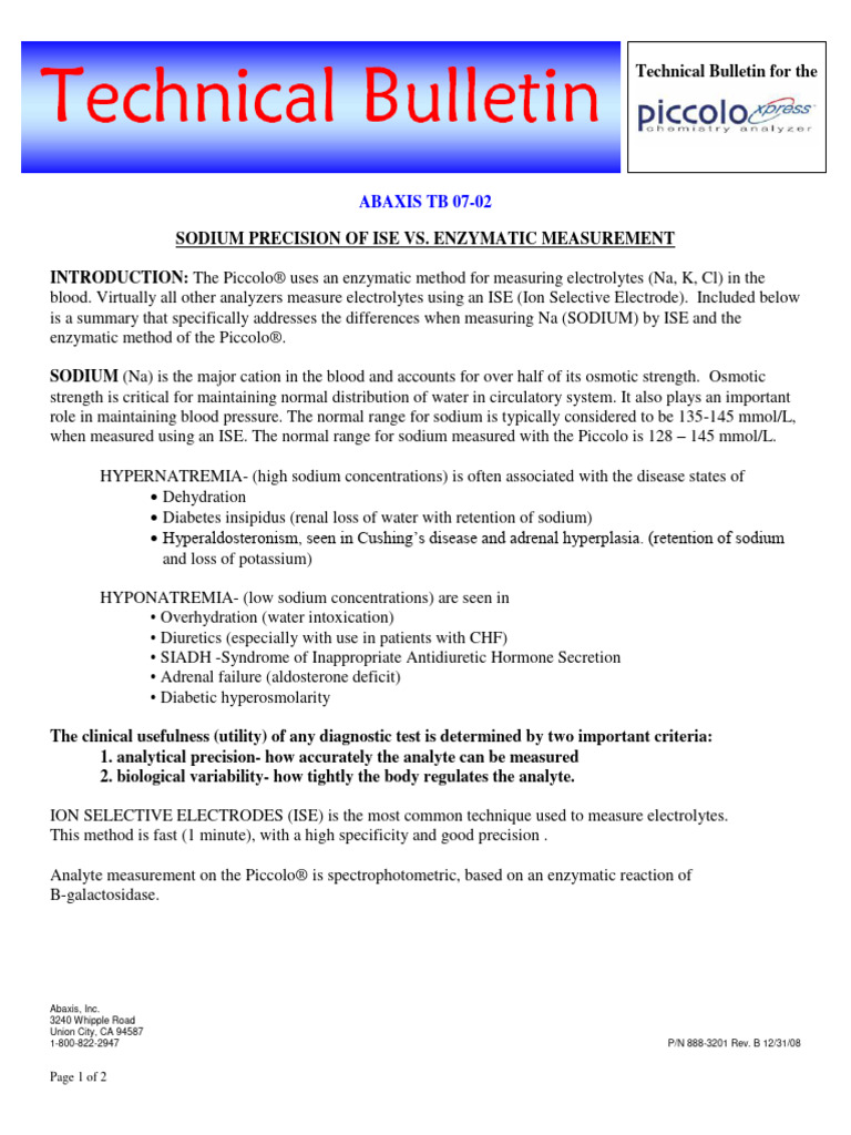 888-3201 Revb Enzymatic ISE Sodium Precision | PDF | Electrolyte