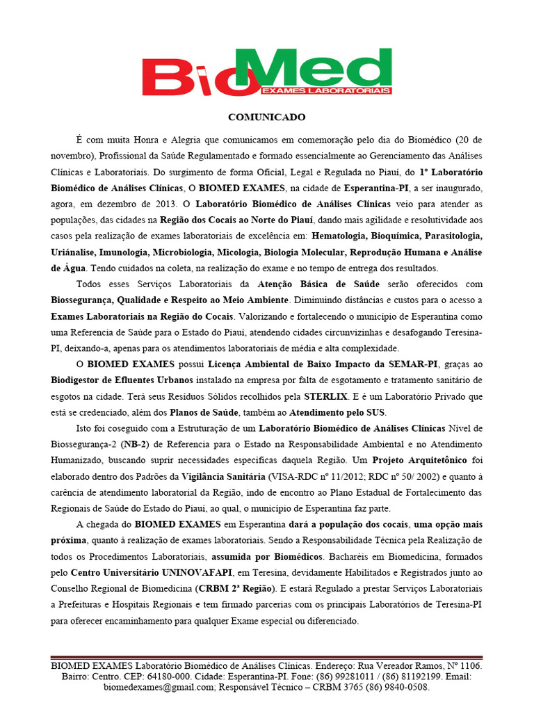 O Laboratório de Analises Clinica BIO MED EXAMES | PDF | Autoajuda | Ciências e Matemática
