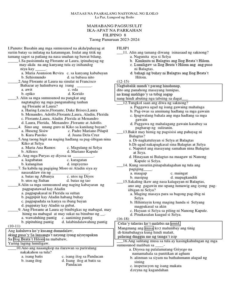 Mahabang Pagsusulit Ika Apat Na Markahan 2324 | PDF