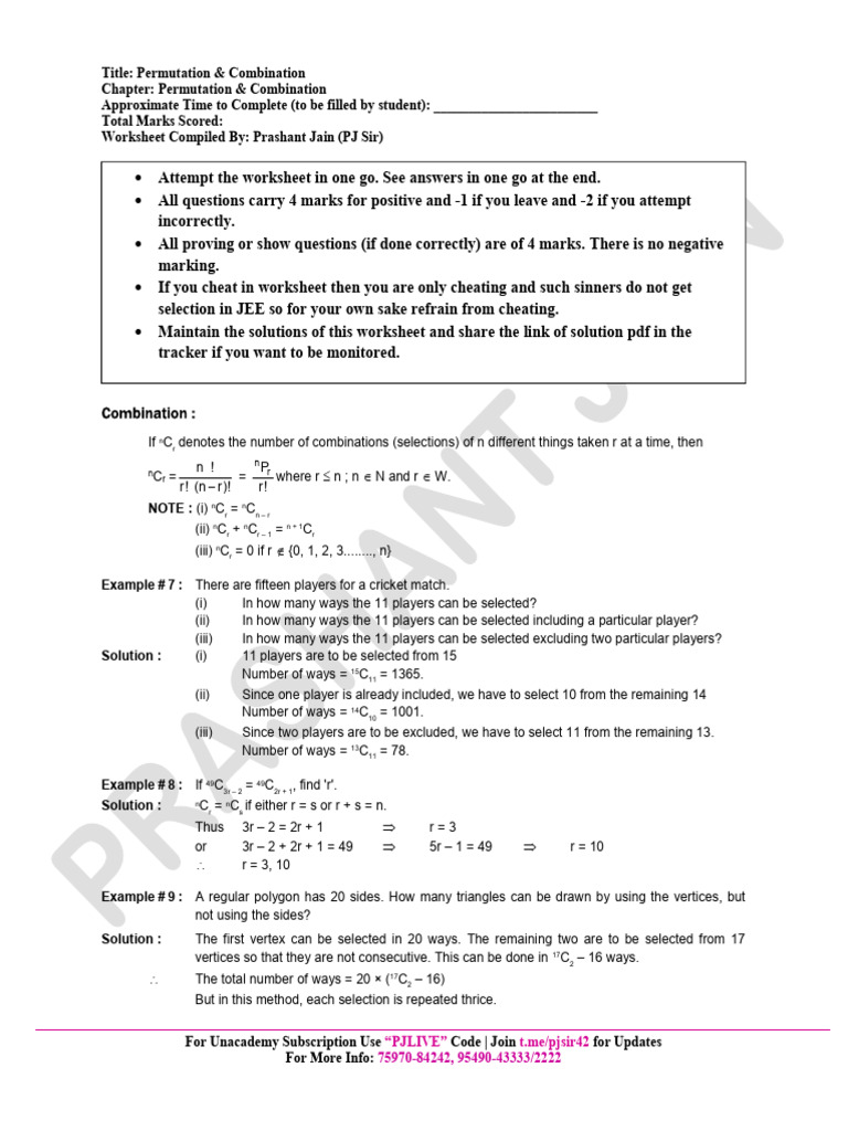 Worksheet-2 Combination, Arrangement, Circular Permutation | PDF ...