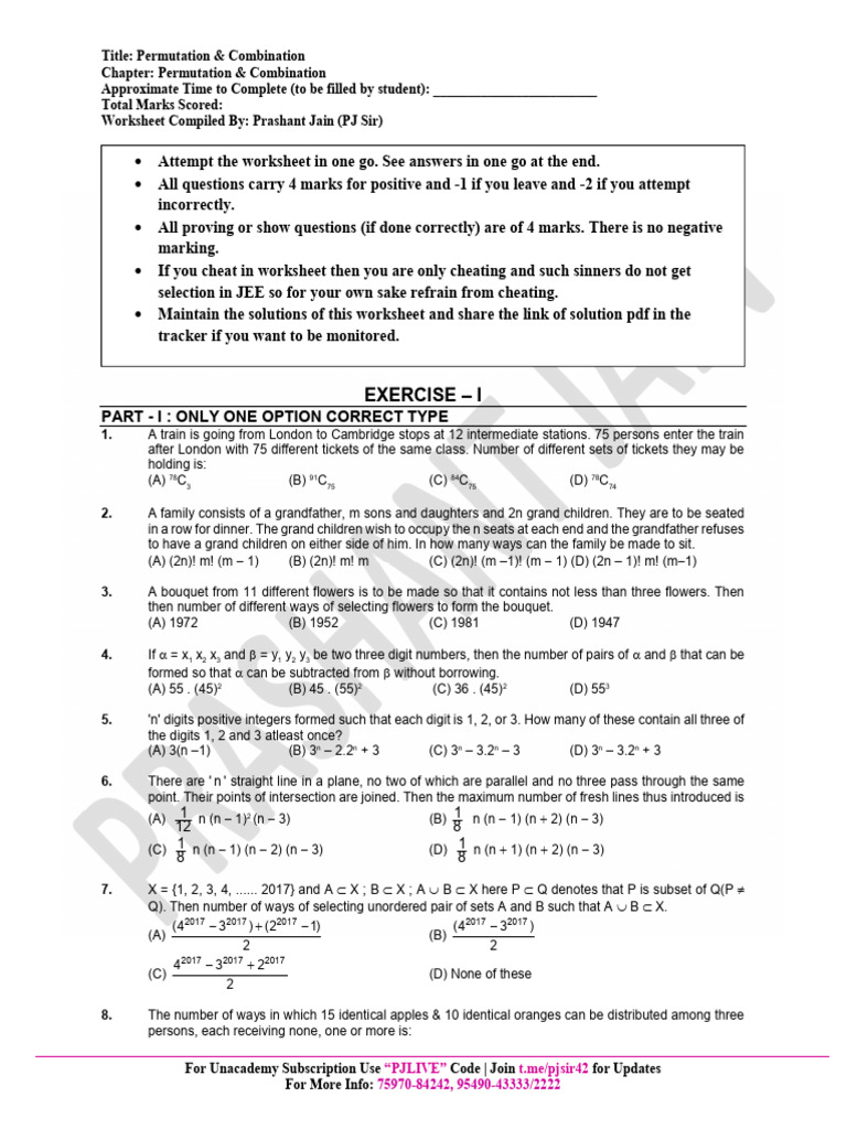 Permutation & Combination Worksheet | PDF | Mathematics