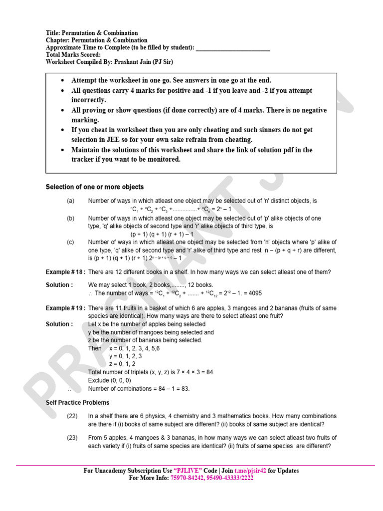 Permutation & Combination Worksheet Guide | PDF | Elementary ...