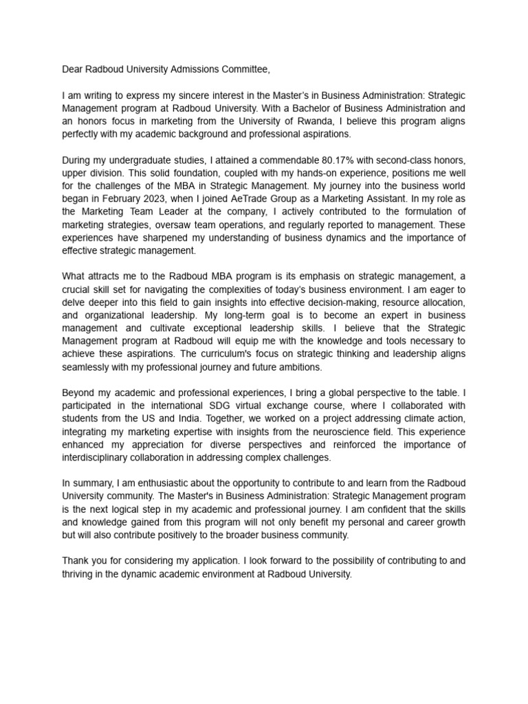 Motivation For Master's in Business Administration - Strategic ...