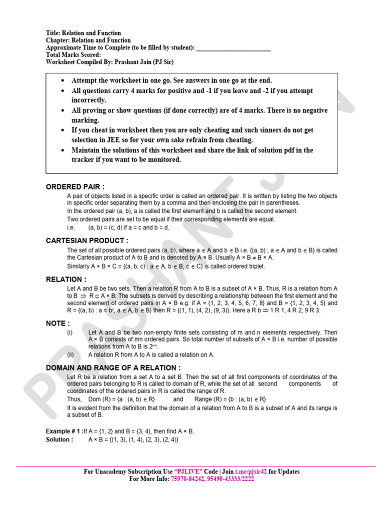 Worksheet-1 Relation and Function-Introduction | PDF | Set (Mathematics ...
