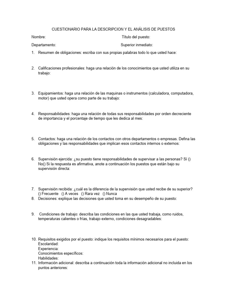 Cuestionario para La Descripcion y El Análisis de Puestos | PDF