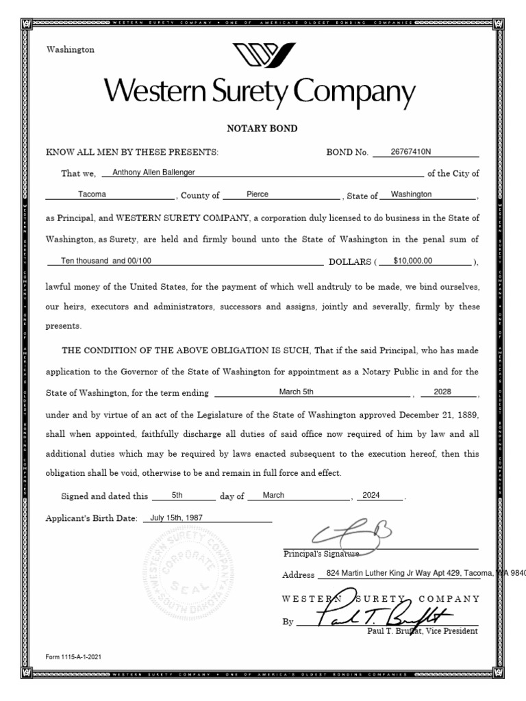 Washington Notary Bond - Anthony Allen Ballenger | PDF | Notary Public ...