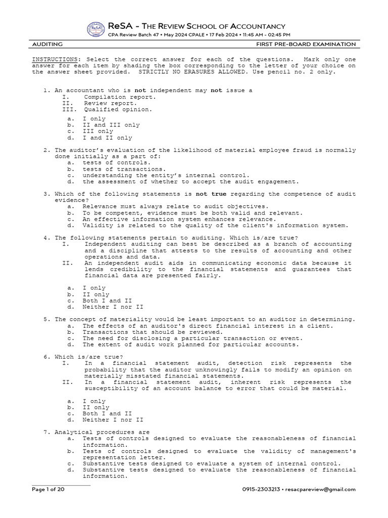 ReSA Auditing Pre-Board Exam 2024 | PDF | Audit | Internal Control