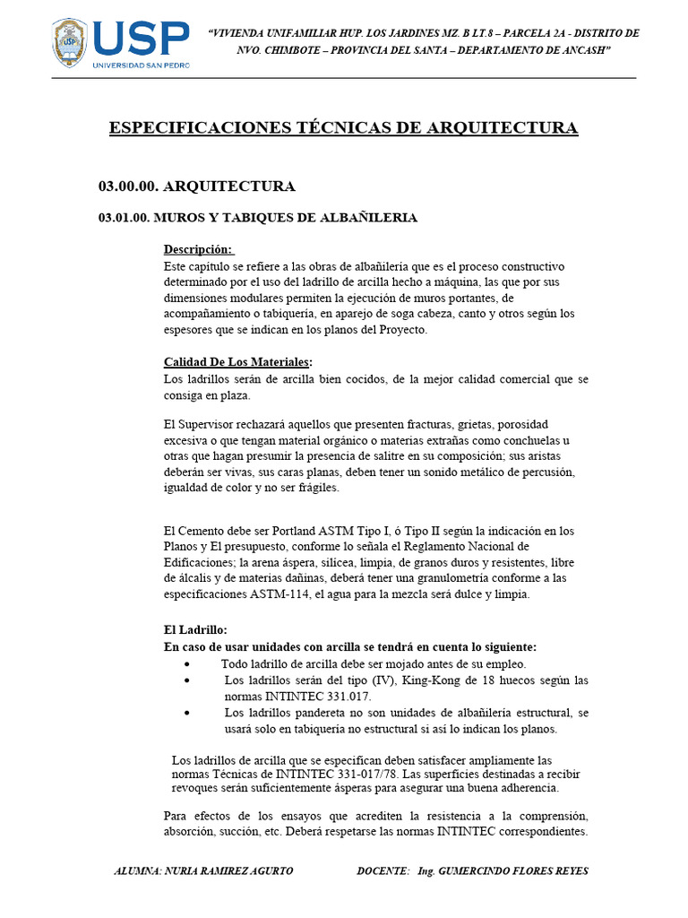 ESPECIFICACIONES TÉCNICAS ARQUITECTURA | PDF | Hormigón | Albañilería