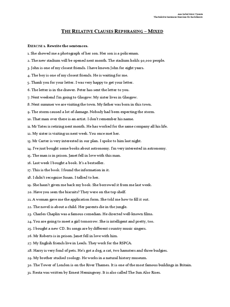 Relative Clauses Rephrasing Exercises | PDF | Mystery, Thriller & Crime ...