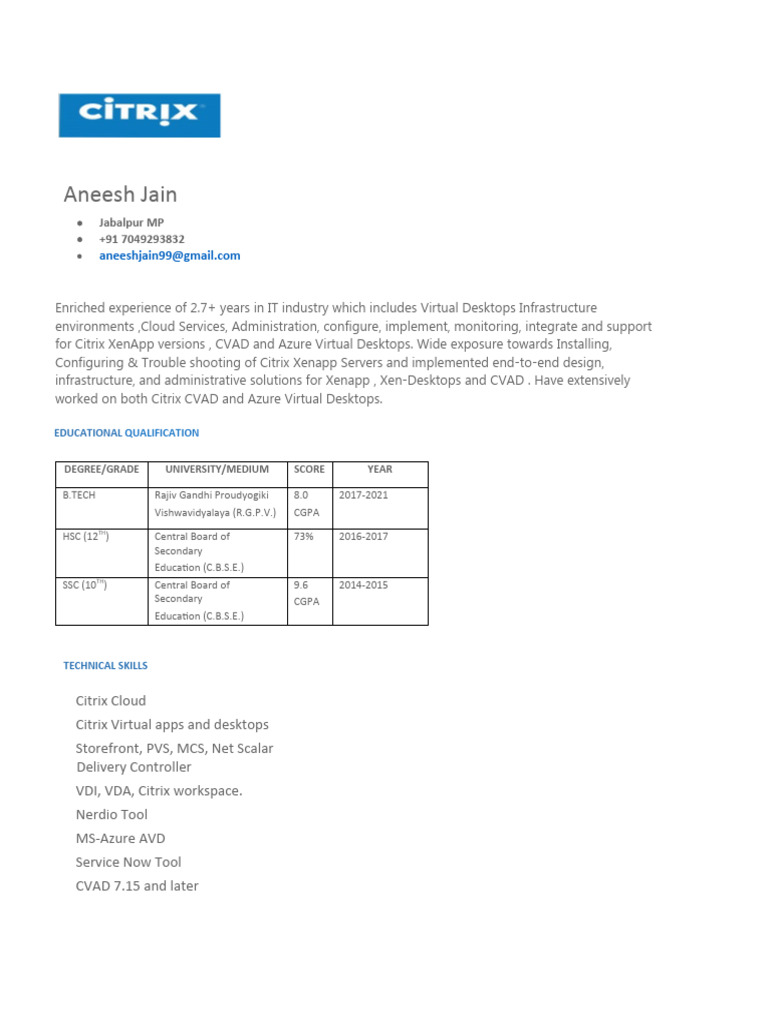 Aneesh Jain Resume | PDF | Desktop Virtualization | Citrix Systems