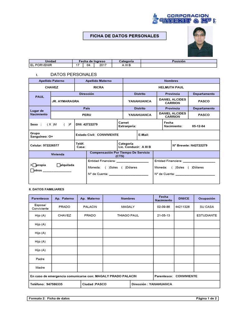 Anexo 02 - Ficha de Datos Trabajadores | PDF
