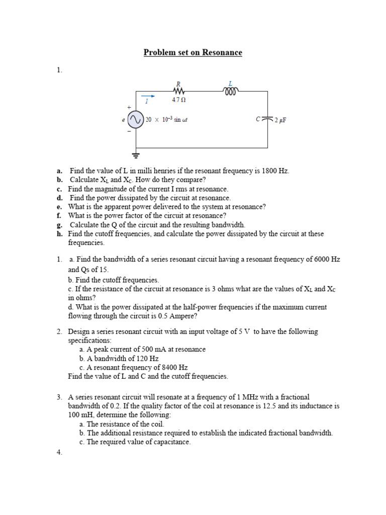 Problem Set On Resonance | PDF | Resonance | Inductor