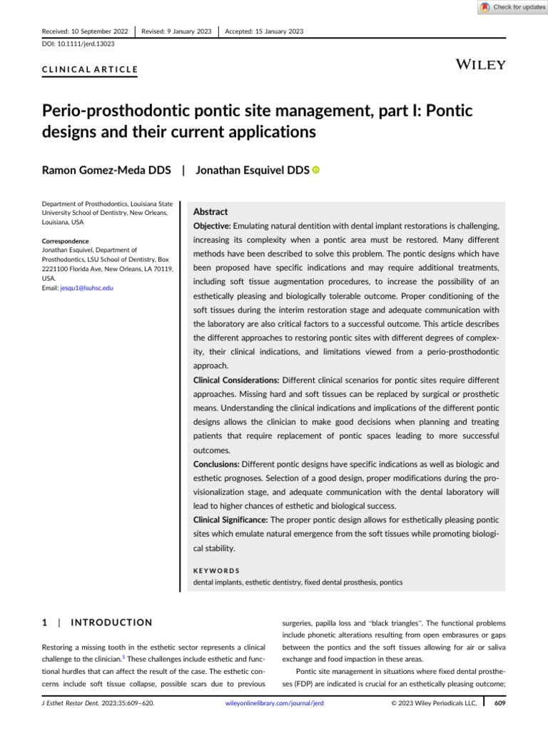 J Esthet Restor Dent - 2023 - Gomez‐Meda - Perio‐prosthodontic pontic site management part I ...