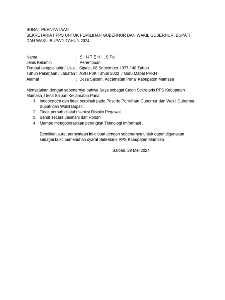 Surat Pernyataan Calon Sekretaris PPS 2024 | PDF