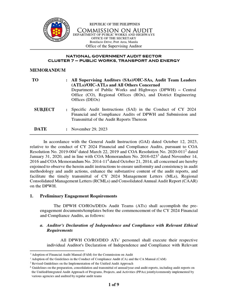 DPWH Sai For 2024 Audit | PDF | Audit | Auditor's Report