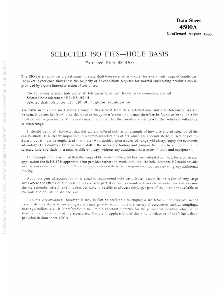 BS 4500A-1970 - (Selected ISO Fits - Hole Basis) | PDF